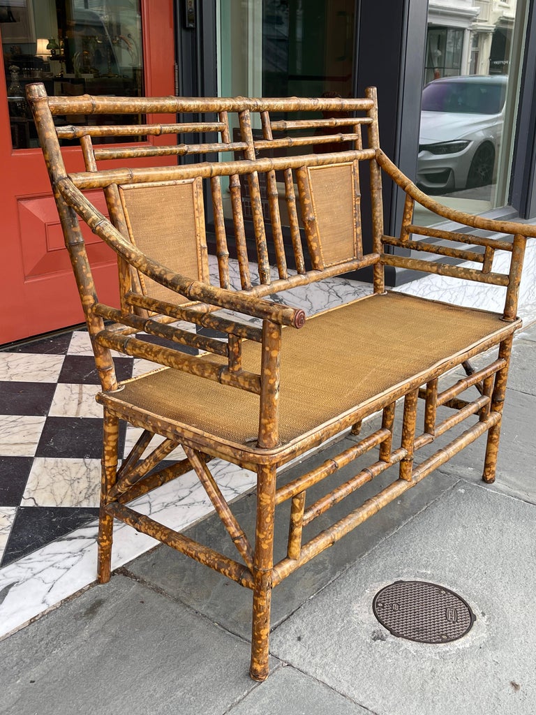 Small 20th Century Bamboo Bench with Rattan Seat For Sale at 1stDibs