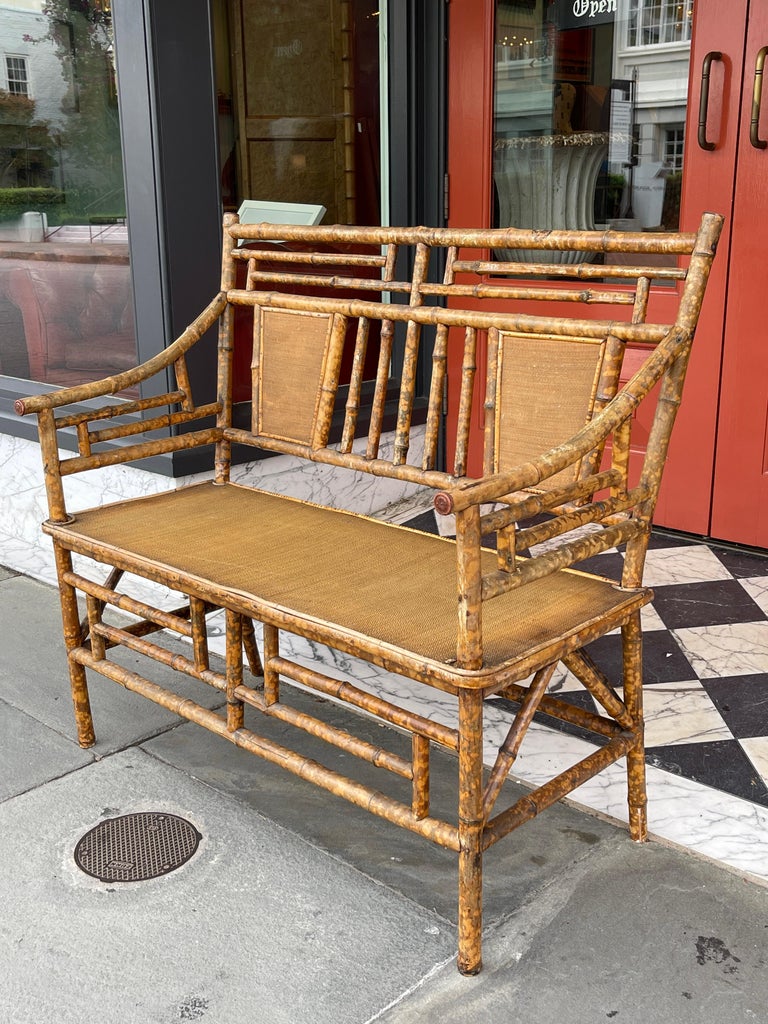 Small 20th Century Bamboo Bench with Rattan Seat For Sale at 1stDibs