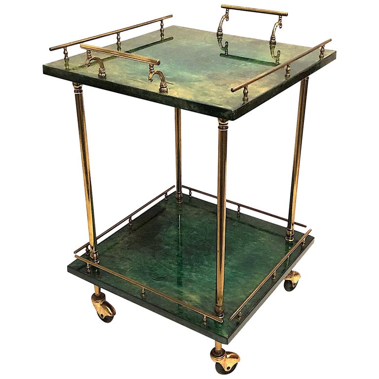 Small Aldo Tura square Bar Cart in Green Goatskin Trolley at 1stDibs