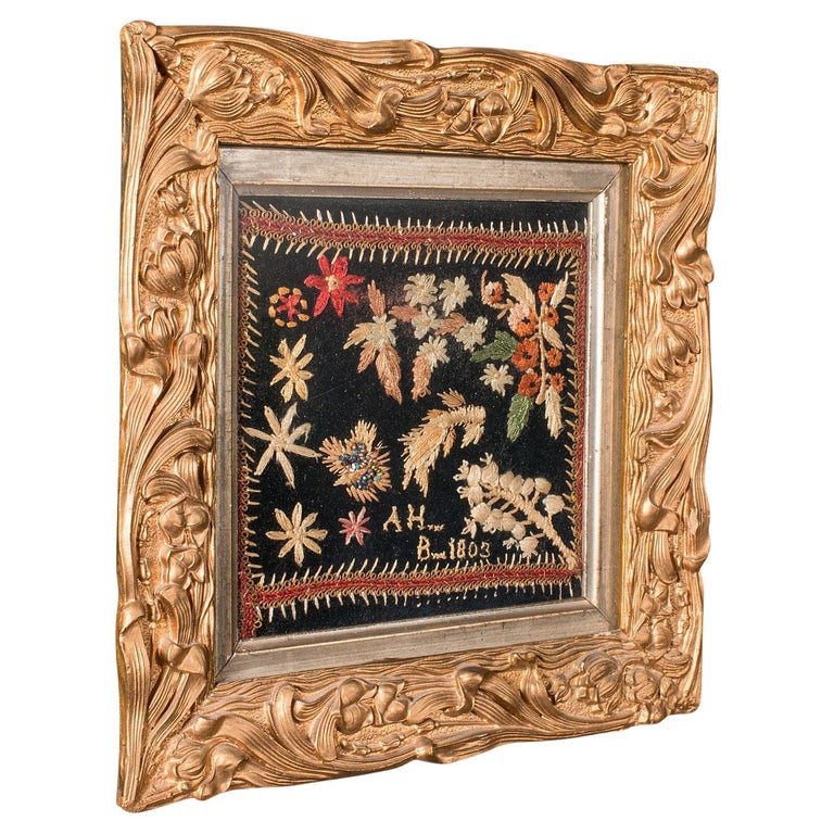 Small Antique Framed Embroidered Sampler, English, Needlepoint ...