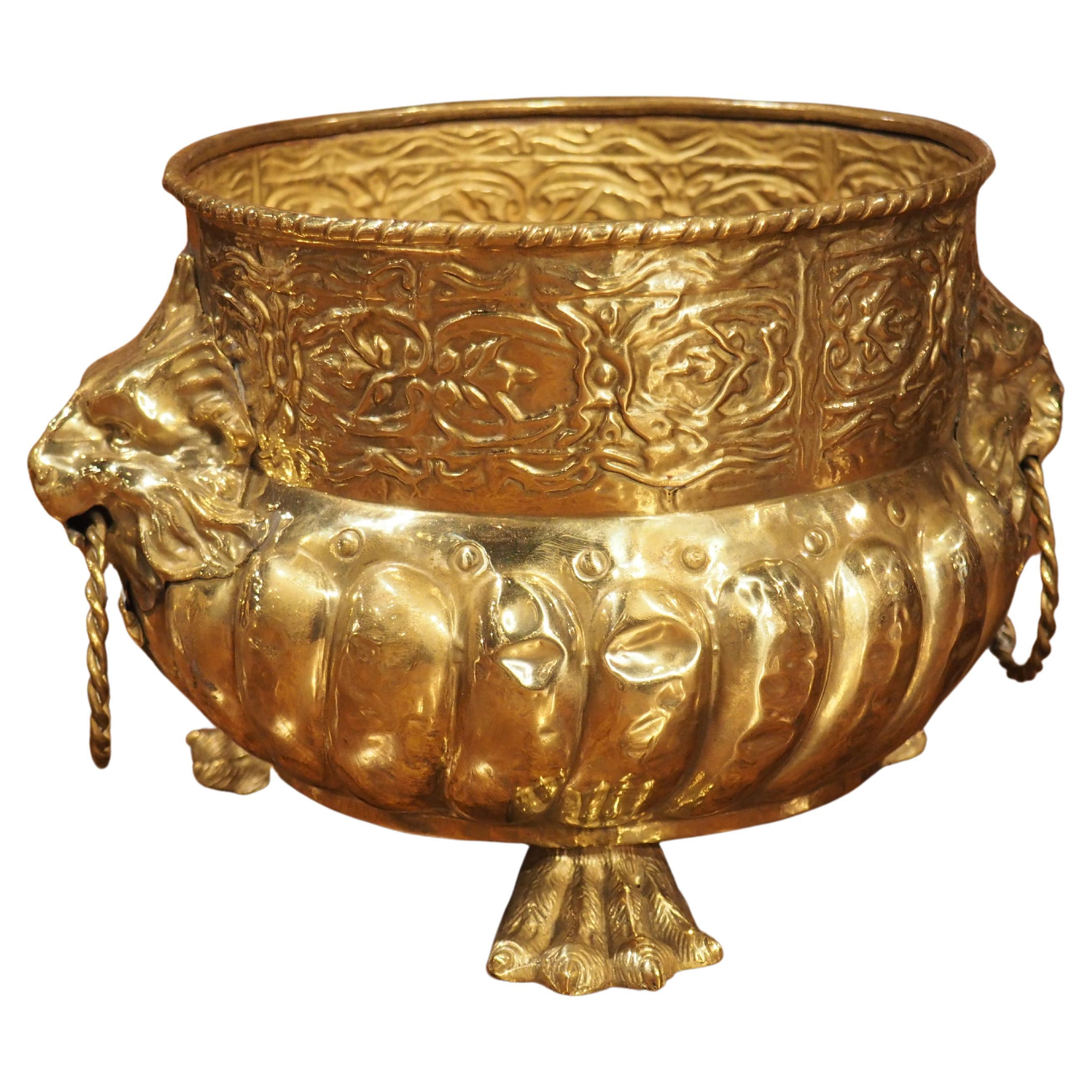 Small Antique French Brass Repousse Jardiniere or Cachepot with Lions ...