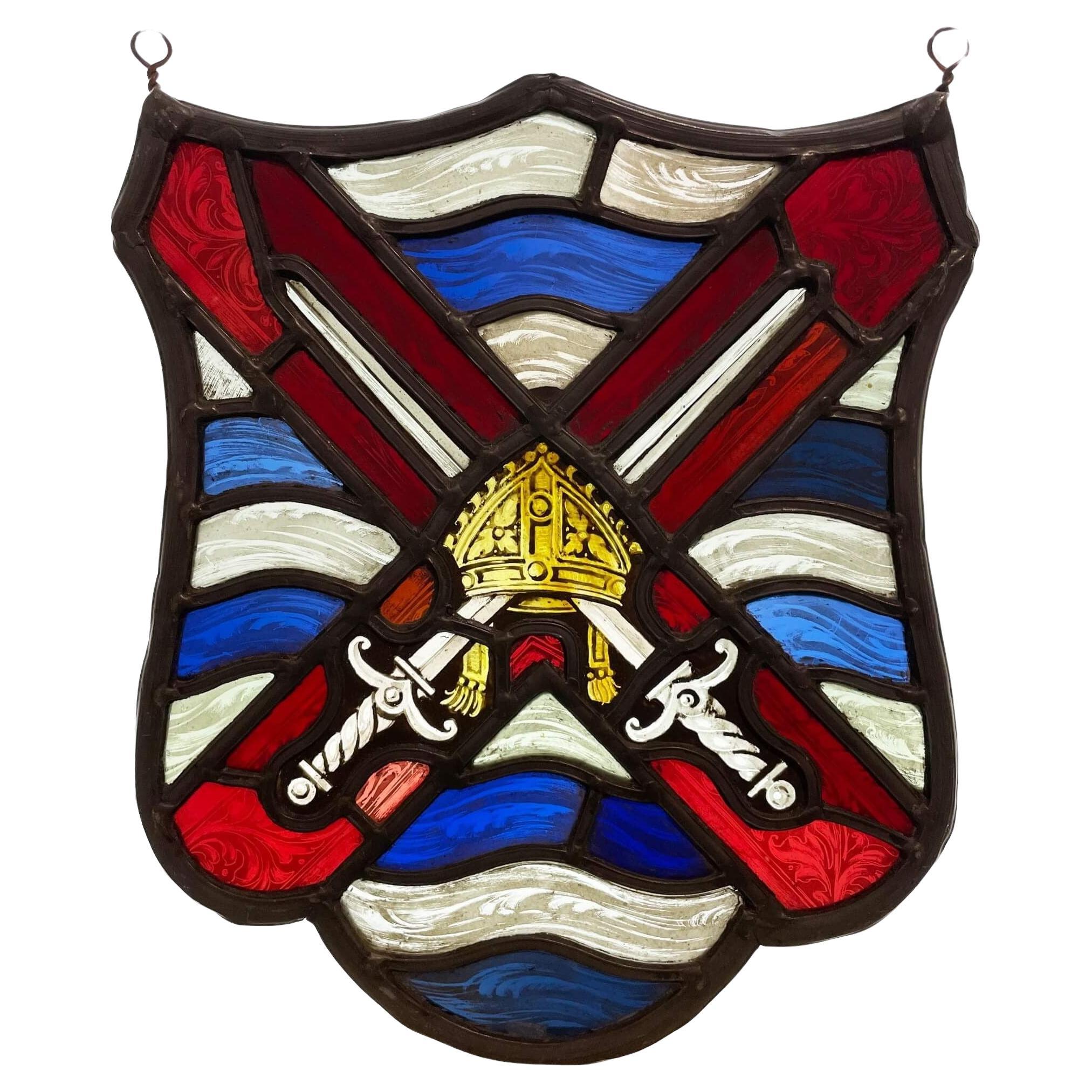 Small Antique Stained Glass Shield Panel For Sale at 1stDibs