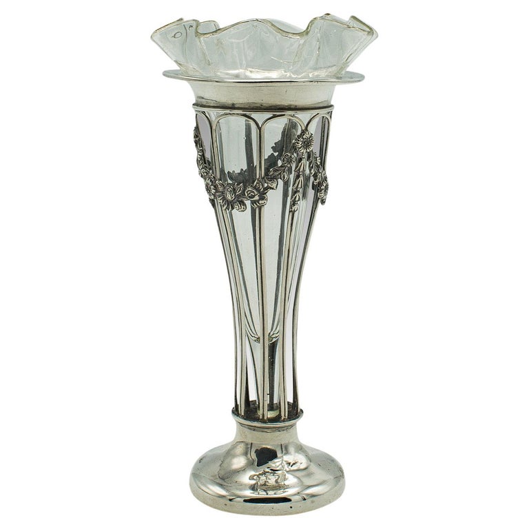 Small Antique Stem Vase, English, Silver, Glass, Decor, Art Nouveau ...