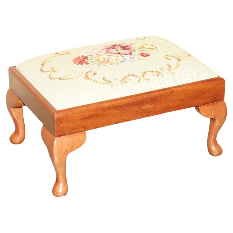 Small Antique Victorian Walnut Cabriole Legged Footstool Embroidered ...