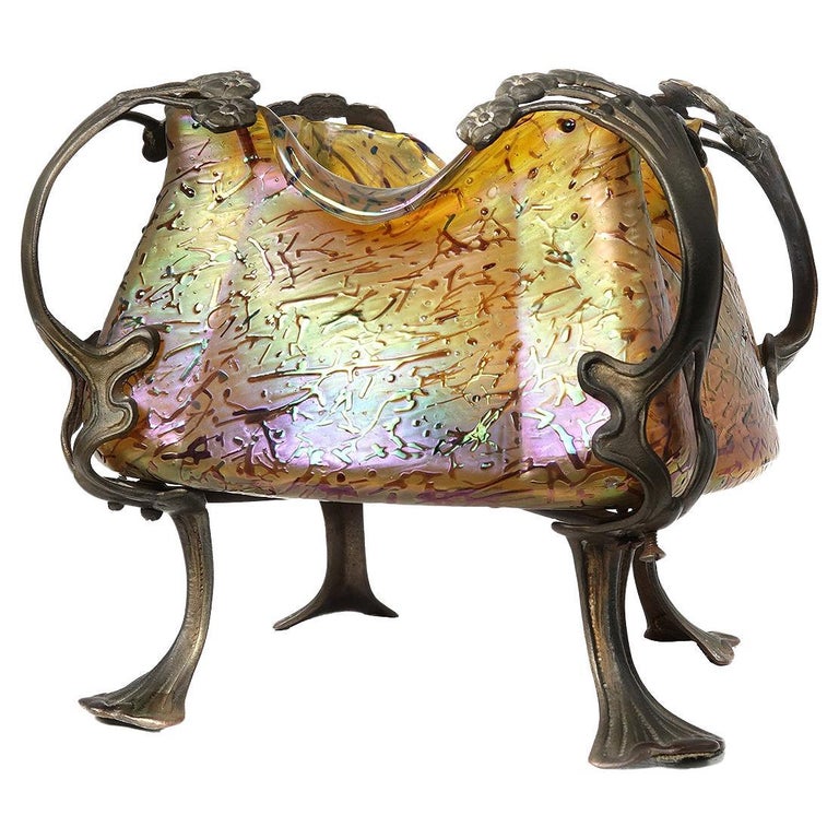 Small Bronze Footed Art Glass Bowl - Loetz For Sale at 1stDibs