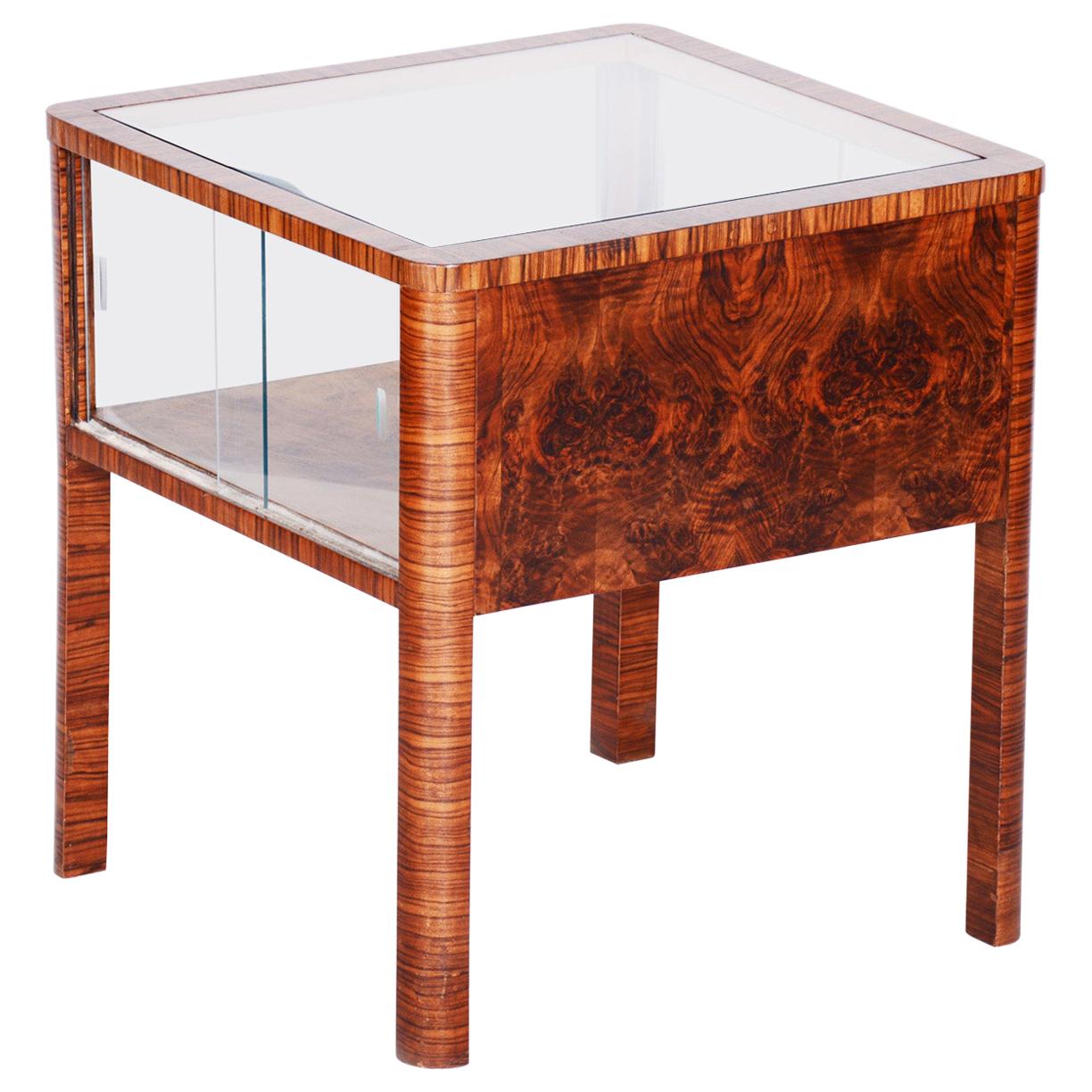 Small Czech Art Deco Walnut Table, Glass Showcase in the Table, 1930s ...