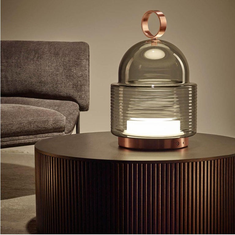 Small 'Dome Nomad' Blown Wavy Brown Glass Rechargeable Lamp in Copper ...
