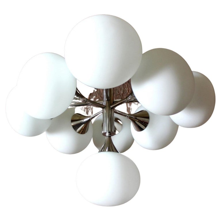 Small Elliptical Opal Glass Chandelier with 9 Lights Attr. to Stilnovo ...