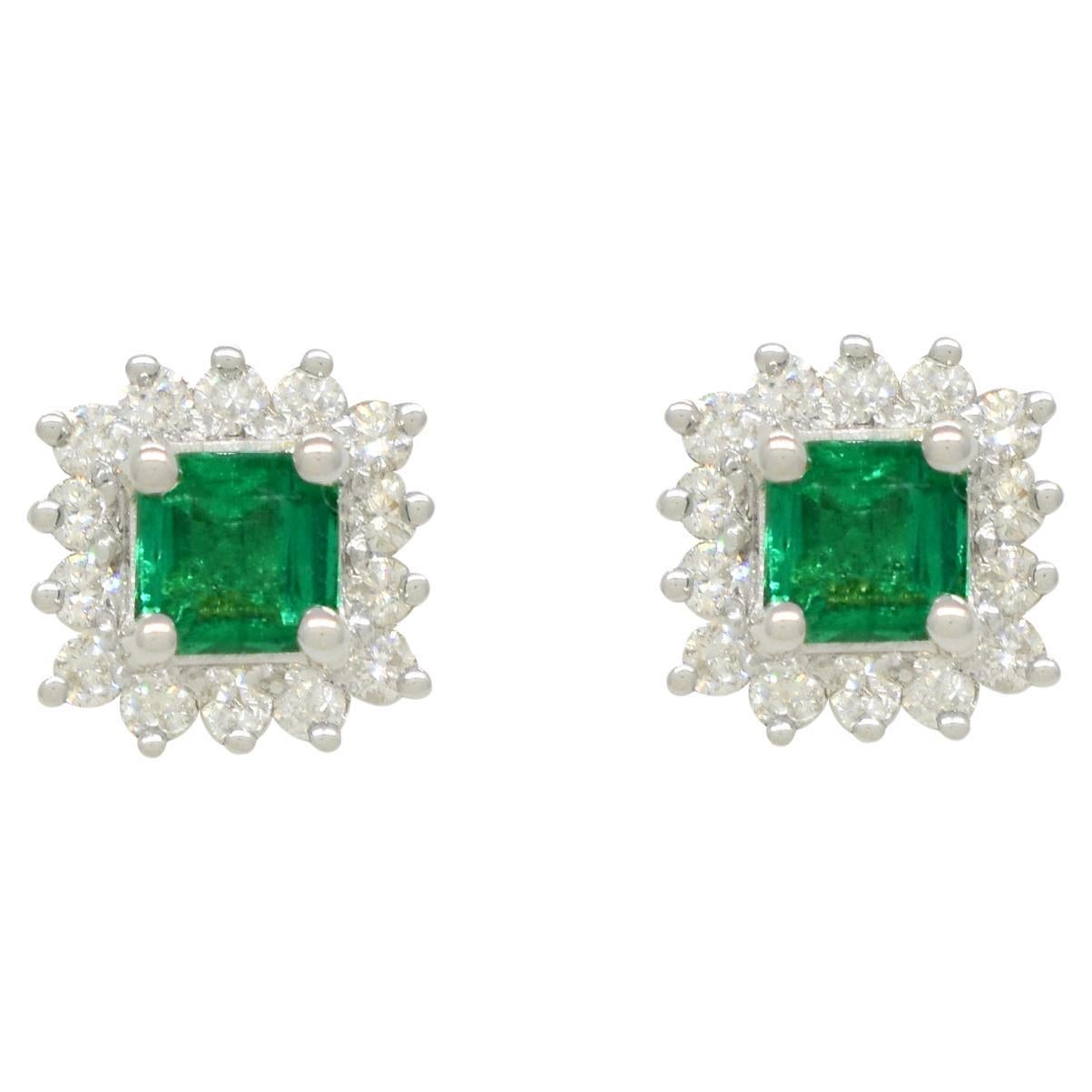 Small Emerald Cut Natural Colombian Emerald and Diamond Earrings ...