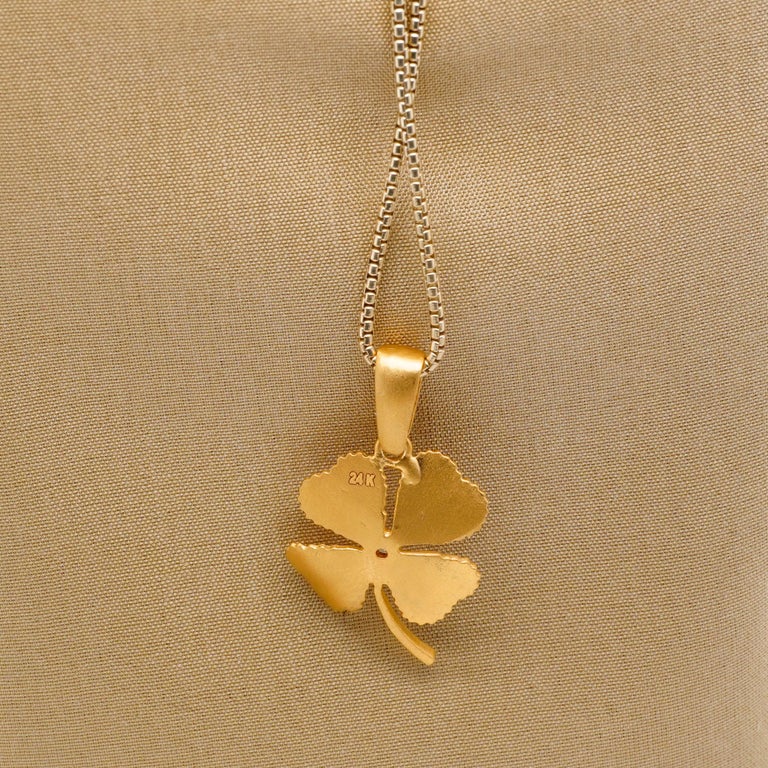 Small, Four Leaf Clover Charm Pendant Necklace with Center Diamond ...