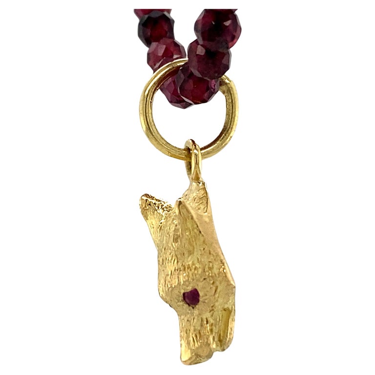 Small Fox or Wolf Pendant with Ruby Eyes in 18K Gold on Faceted Garnet ...
