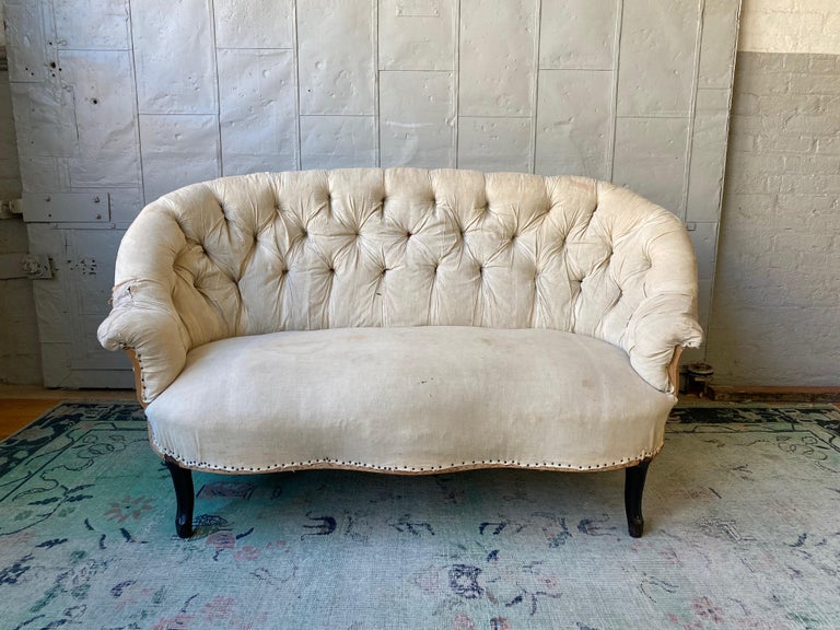 Small French Settee with Tufted Back and Cabriole Legs at 1stDibs