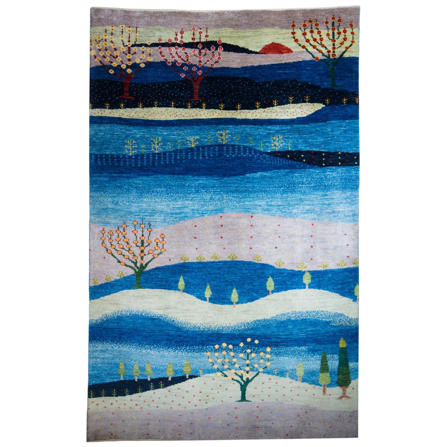 Small Blue Contemporary Tribal Landscape Gabbeh Persian Wool Rug For ...