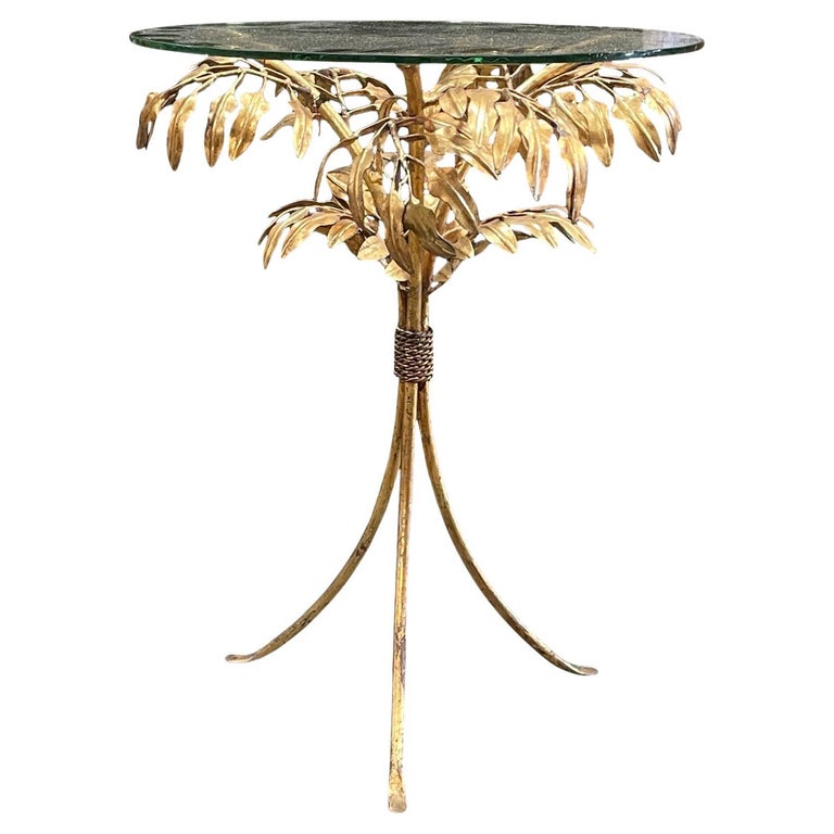 Small Glass Side Table with Gilded Botanical Base at 1stDibs