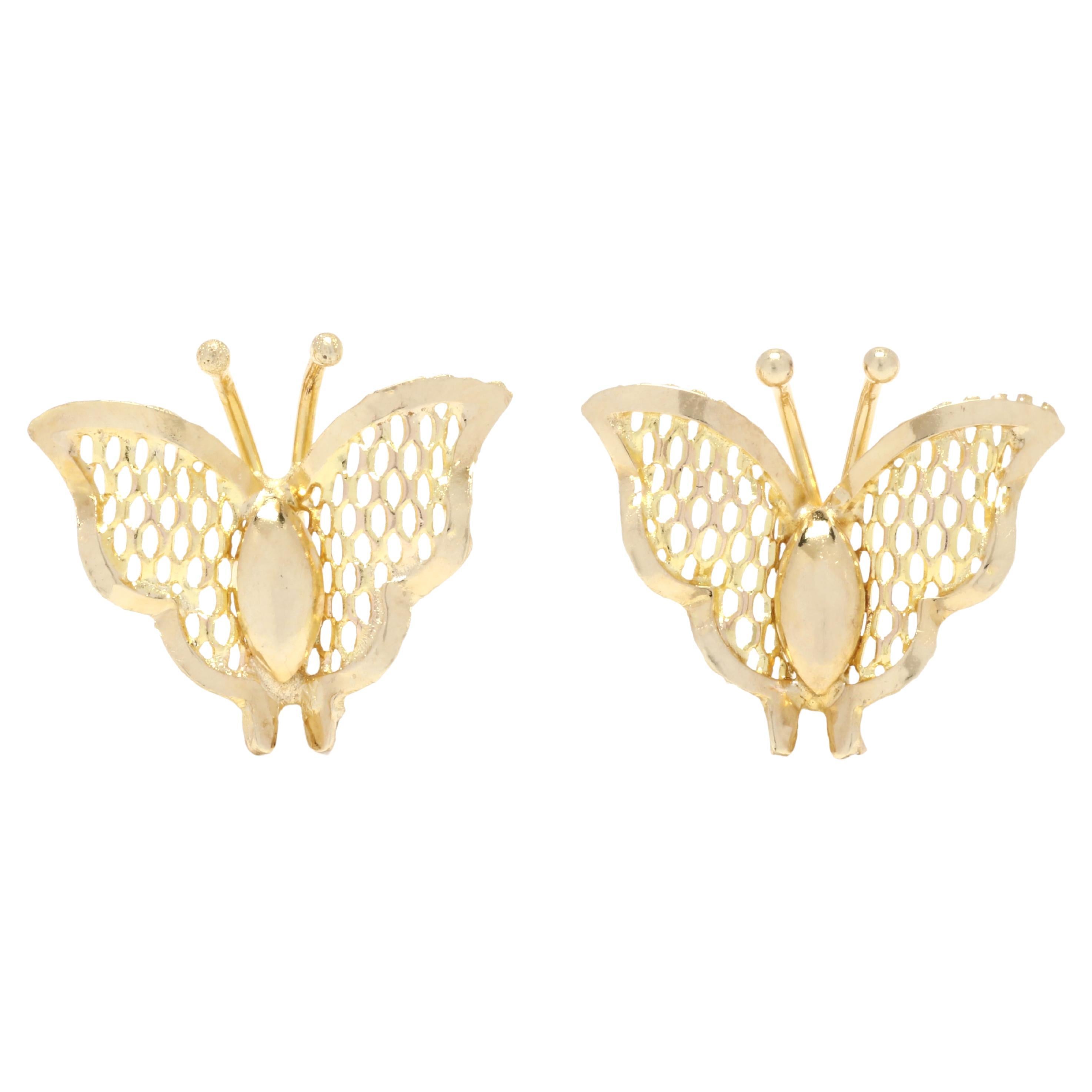 Small Gold Butterfly Stud Earrings, 14K Yellow Gold, Length 3/8 Inch, Simple For Sale at 1stDibs