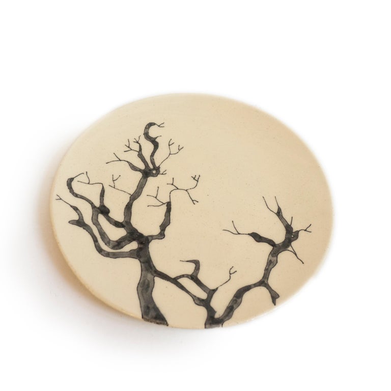 Small Handmade Ceramic Plates with Tree Illustration For Sale at 1stDibs