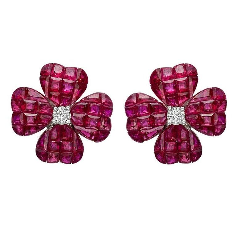 Small Invisibly-Set Ruby Diamond Gold Clover Earrings at 1stDibs