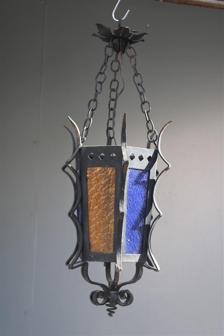 Small Italian Wrought Iron Lantern with Colored Glass, 1940s For Sale ...