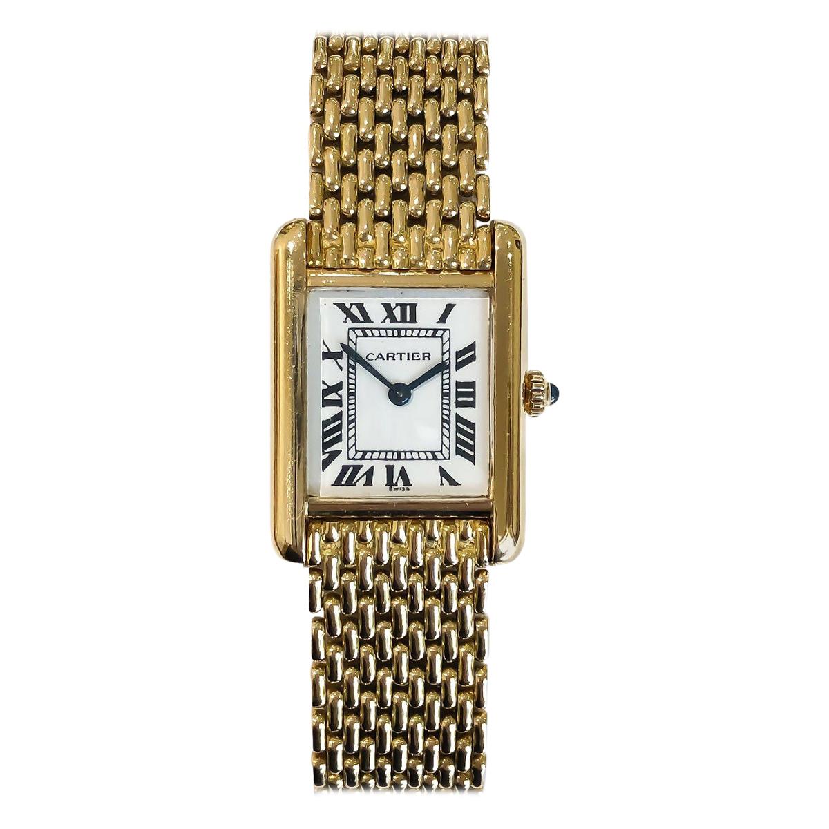 Small Louis Cartier Tank 18 Karat Gold Grain de Riz Mesh Bracelet ...