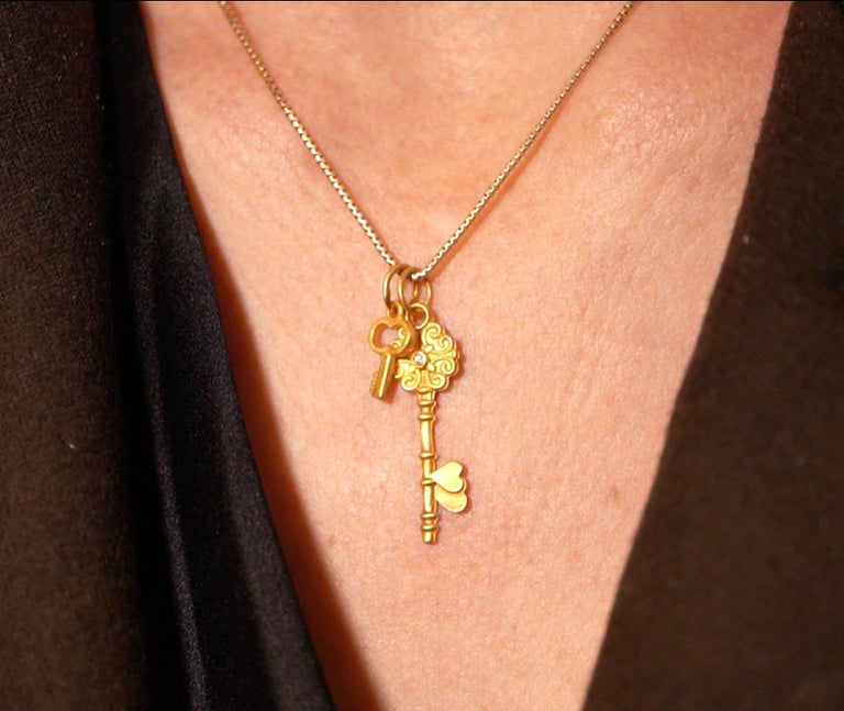 Small Love Key Charm Pendant Necklace with Diamond, 24kt Solid Gold For ...