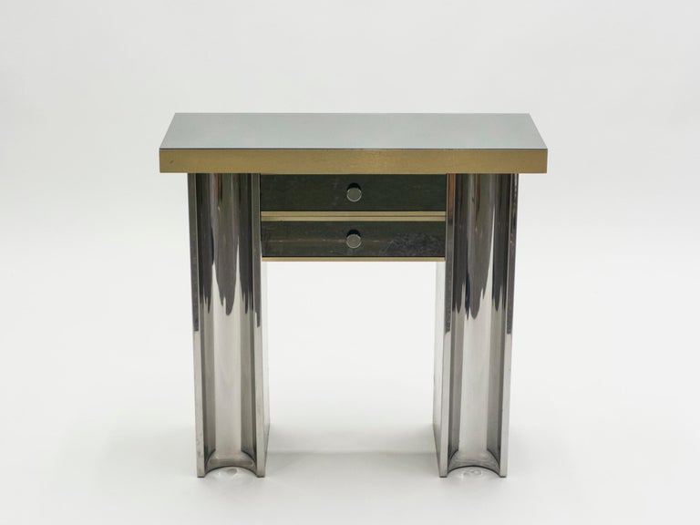 Small Midcentury Mirrored and Brass French Console Table, 1970s at 1stDibs