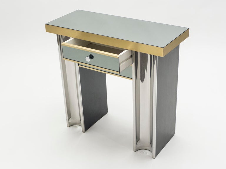 Small Midcentury Mirrored and Brass French Console Table, 1970s at 1stDibs