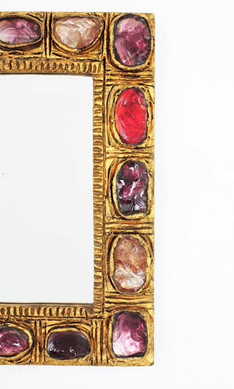 Small Mid-Century Modern Stucco Mirror with Pink, Red and Purple Rock ...