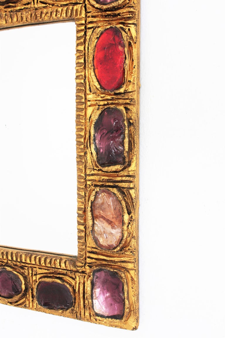 Small Mid-Century Modern Stucco Mirror with Pink, Red and Purple Rock ...