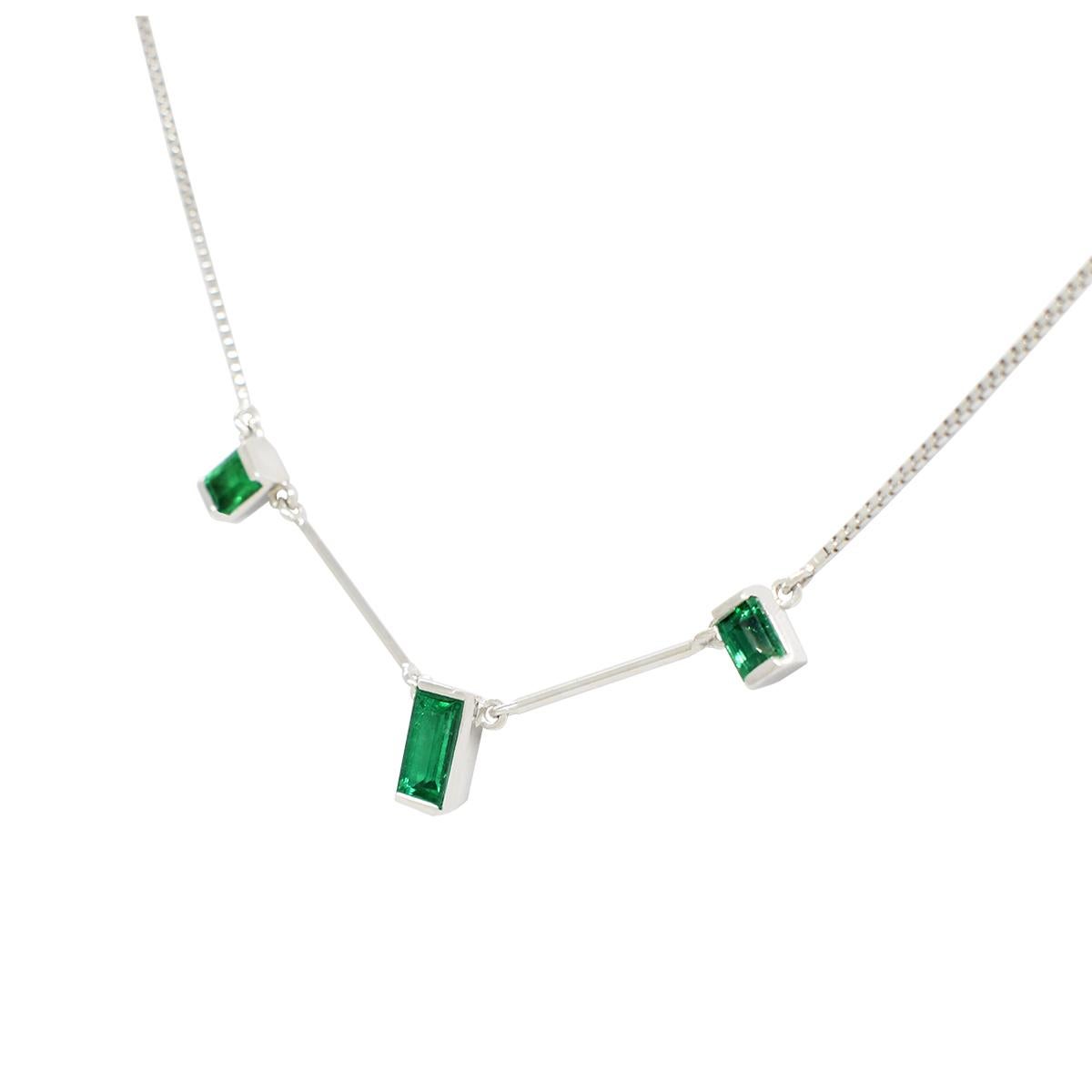 Small Natural Rectangular Emeralds Necklace in 18K White Gold, Delicate ...