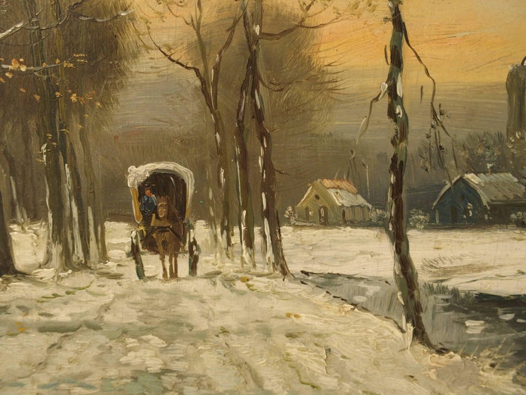 Small Oil on Wood Winter Scene Painting by Jan Hofland, 20th Century at ...