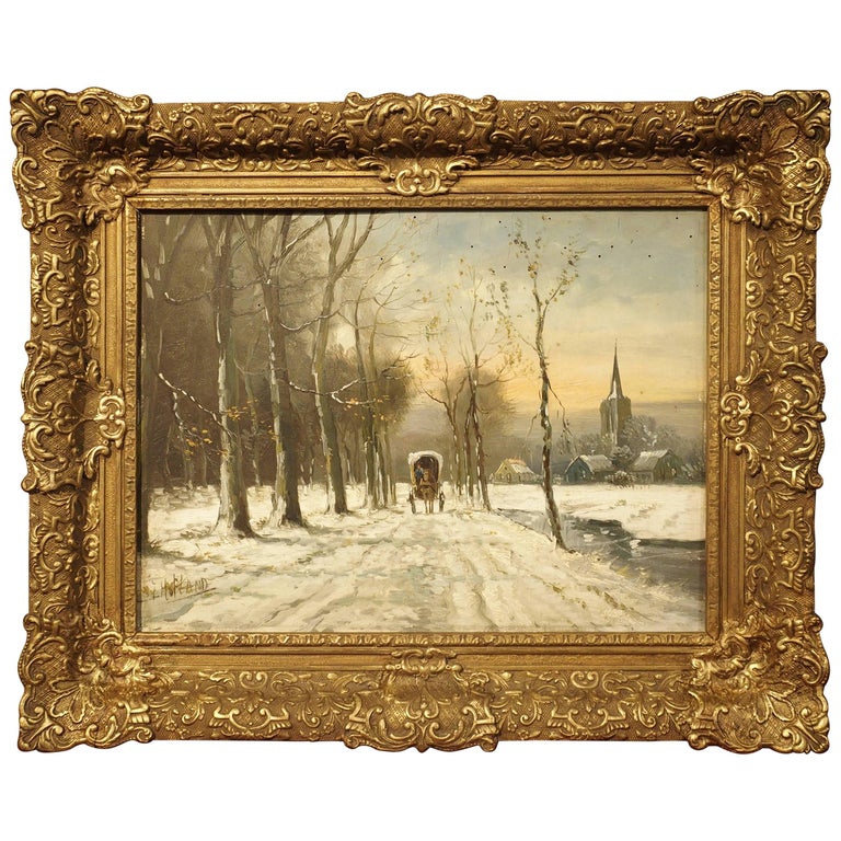 Small Oil on Wood Winter Scene Painting by Jan Hofland, 20th Century at ...