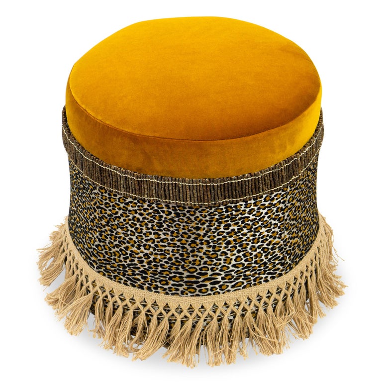 Small Ottoman w Leopard, Gold Velvet + Macrame Tassel Fringe and Twig ...