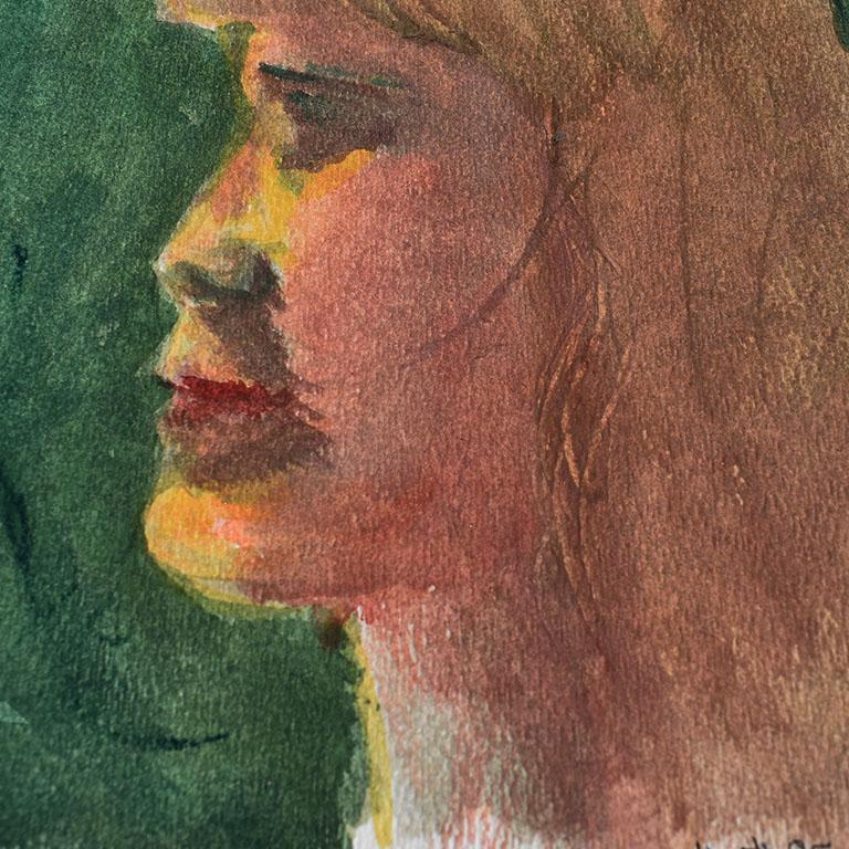 Small Profile Portrait Painting of a Blonde Girl on Green For Sale at ...
