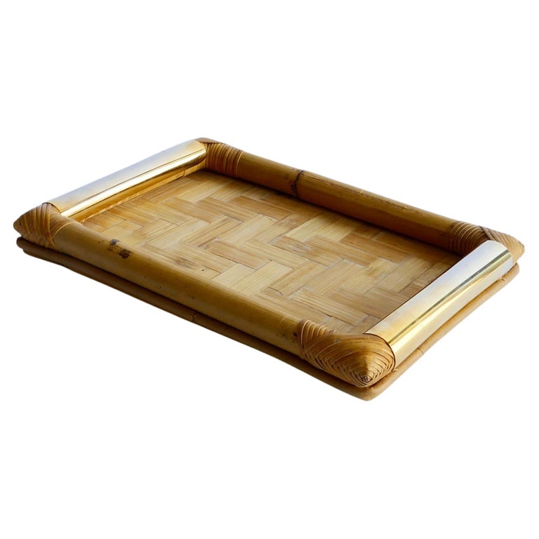 Small Rattan Tray with Brass Handles, Italy 1970s at 1stDibs