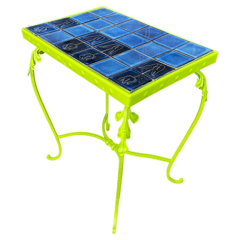 Small Rectangular Blue Tile-Top Chartreuse Side or End Table For Sale ...