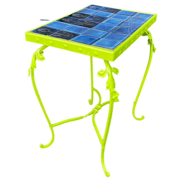 Small Rectangular Blue Tile-Top Chartreuse Side or End Table For Sale ...