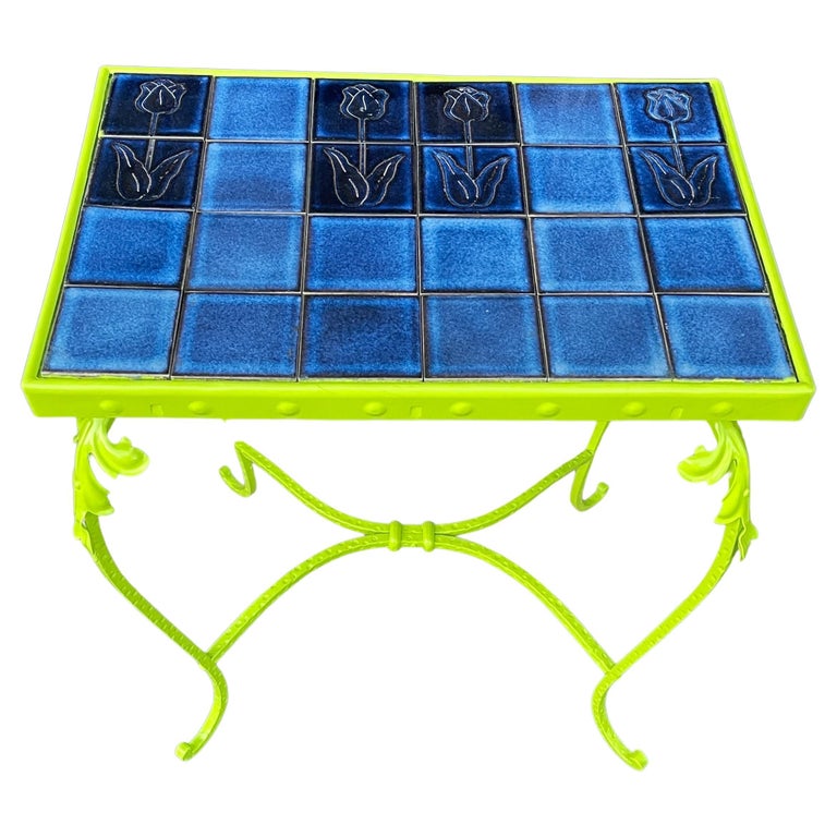 Small Rectangular Blue Tile-Top Chartreuse Side or End Table For Sale ...