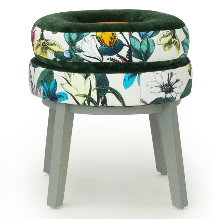 Small Round Stool with Green Velvet and Butterfly Floral Patterned ...