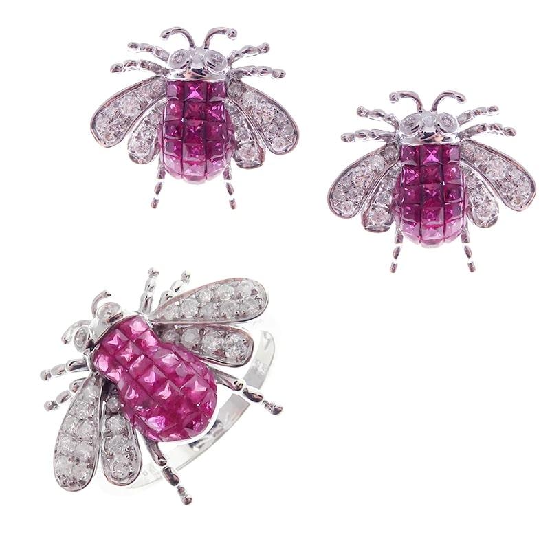 Small Ruby Invisible Bee Earring Ring Set For Sale at 1stDibs