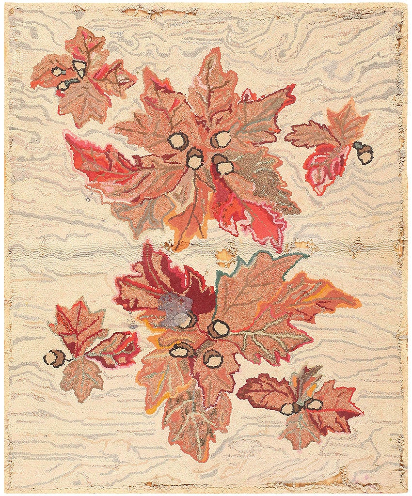 Small Scatter Size Maple Leaf Design Antique Hooked Rug 4' x 5' For ...