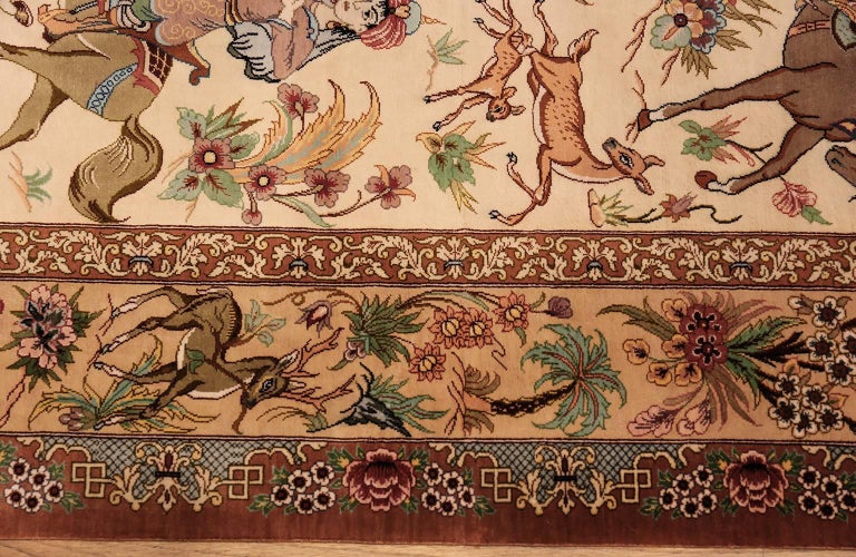 Small Silk Persian Hunting Scene Qum Rug. Size: 3 ft 5 in x 5 ft 1 in ...