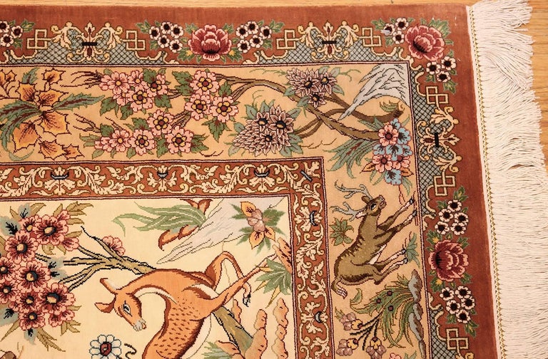 Small Silk Persian Hunting Scene Qum Rug. Size: 3 ft 5 in x 5 ft 1 in ...
