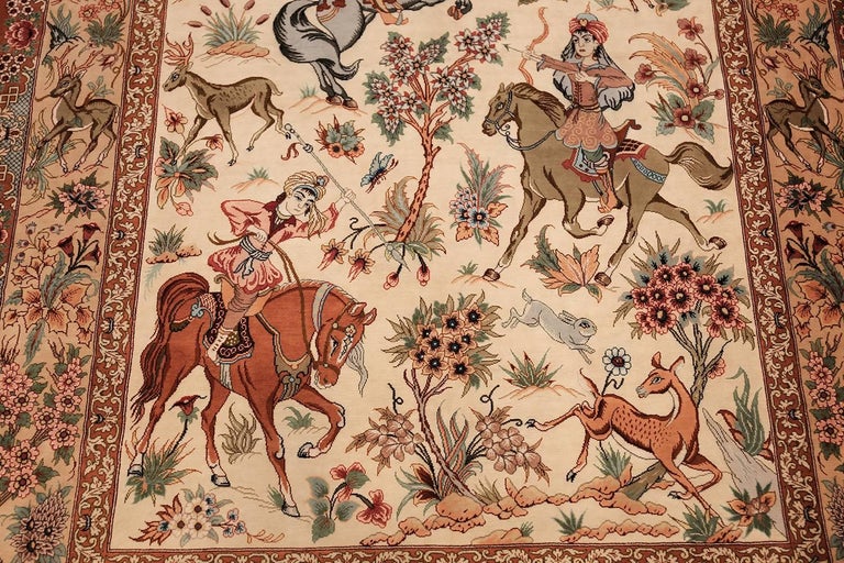 Small Silk Persian Hunting Scene Qum Rug. Size: 3 ft 5 in x 5 ft 1 in ...