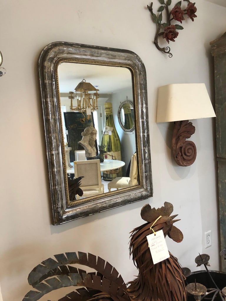 Small Silver Frame Mirror with Gold Bead Trim at 1stDibs