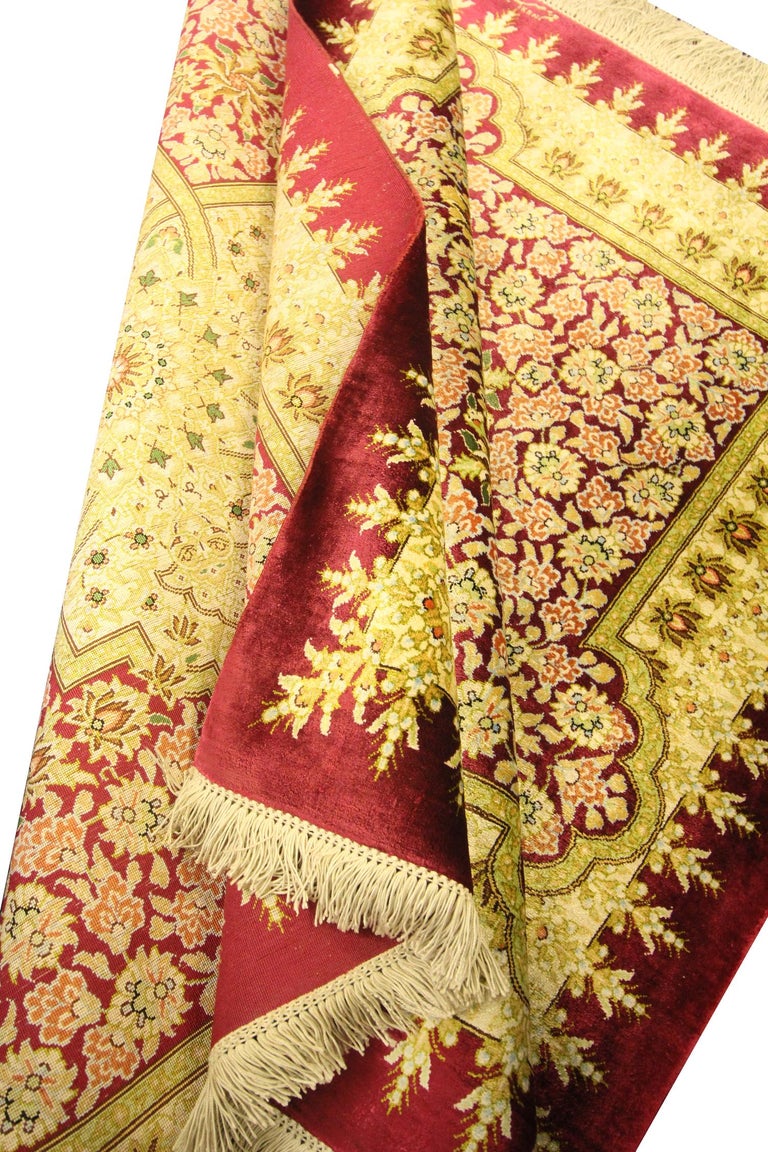 Small Square Rug Silk Handmade Carpet, Oriental Red Cream Wool Rug For ...