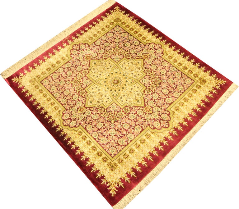 Small Square Rug Silk Handmade Carpet, Oriental Red Cream Wool Rug For ...