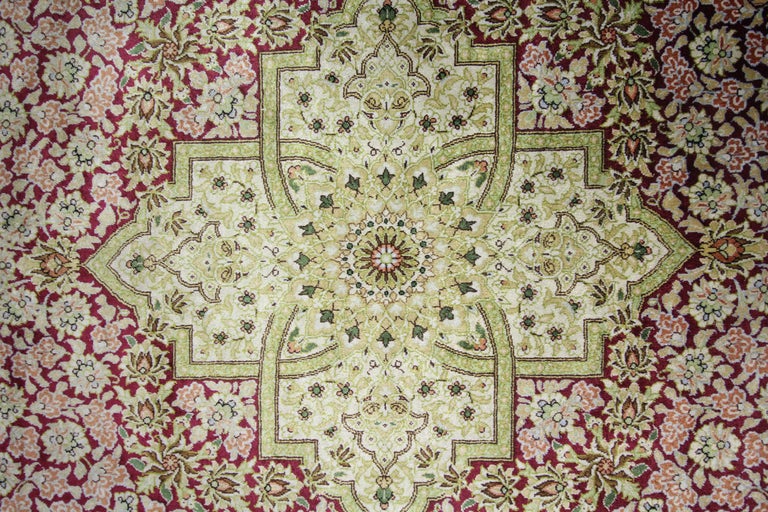 Small Square Rug Silk Handmade Carpet, Oriental Red Cream Wool Rug For ...