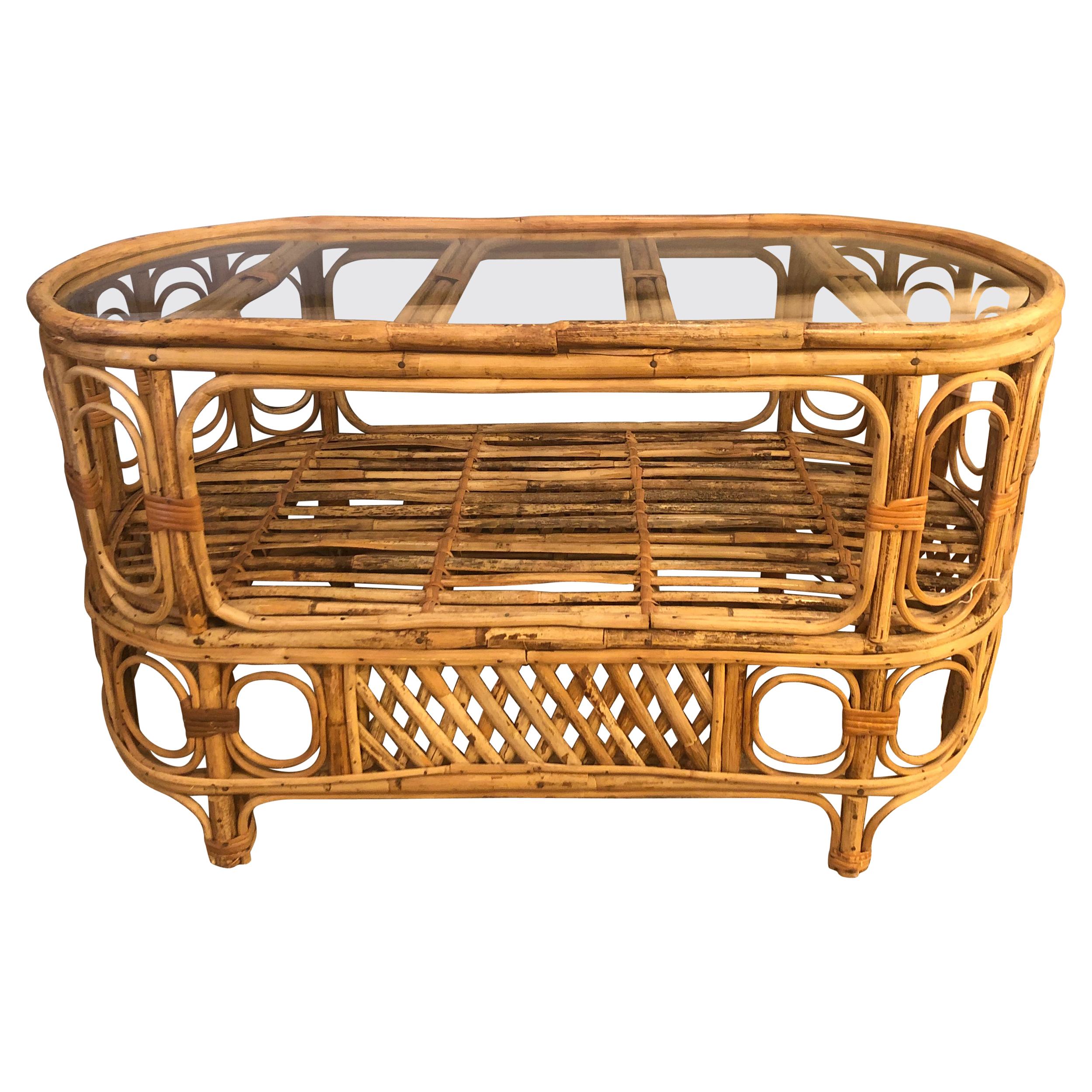 Small Stylish Oval Rattan Bamboo and Glass Console or Cocktail Table ...
