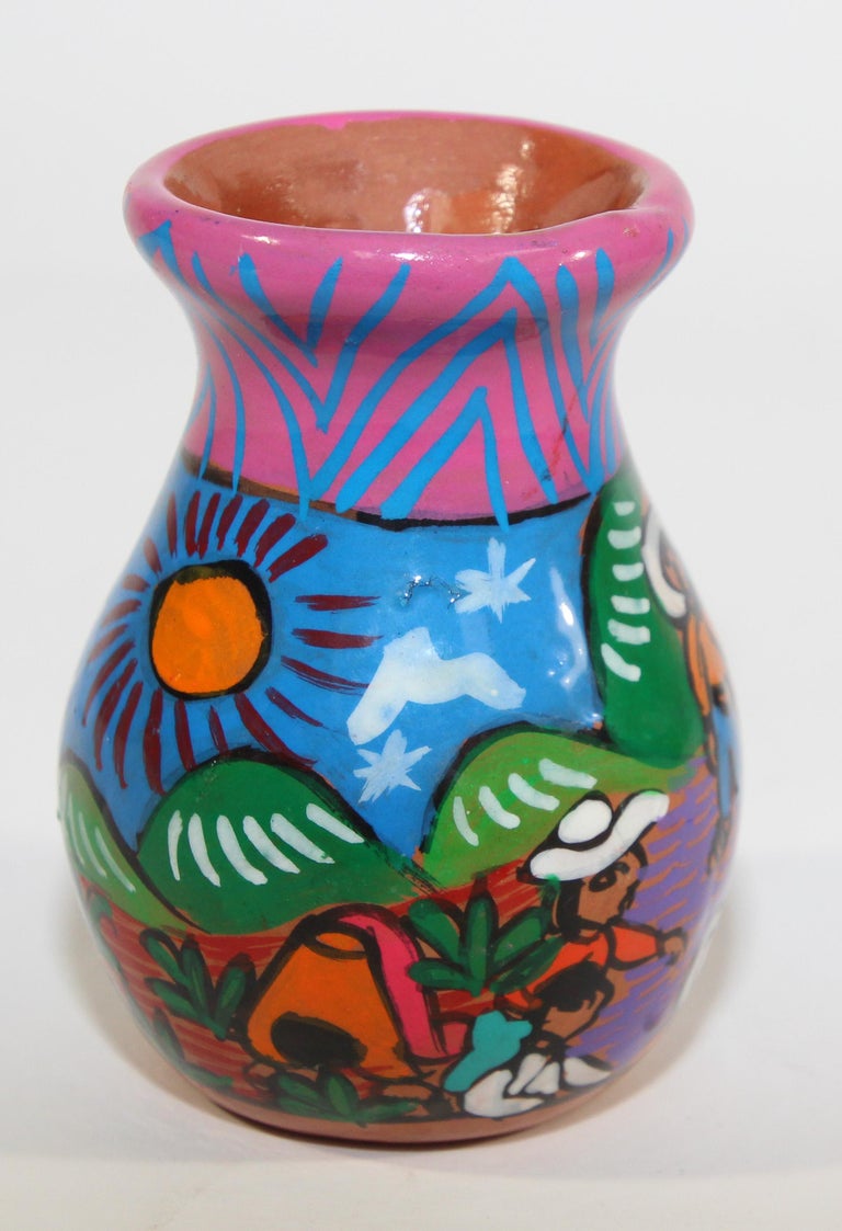 Small Hand Painted Mexican Pottery Vase For Sale at 1stDibs