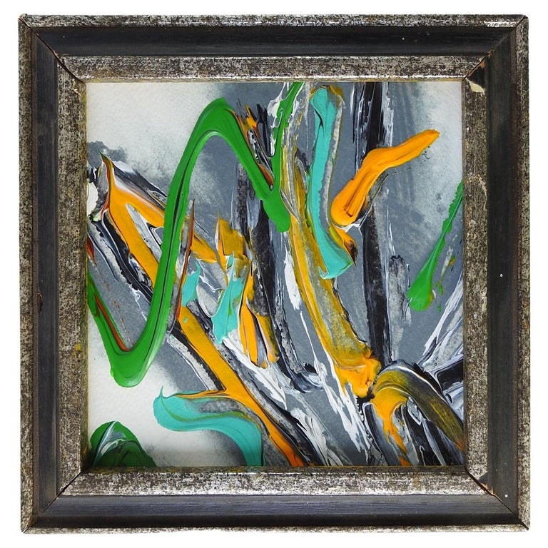 Small Vintage Abstract Green Yellow and Gray Painting For Sale at 1stDibs